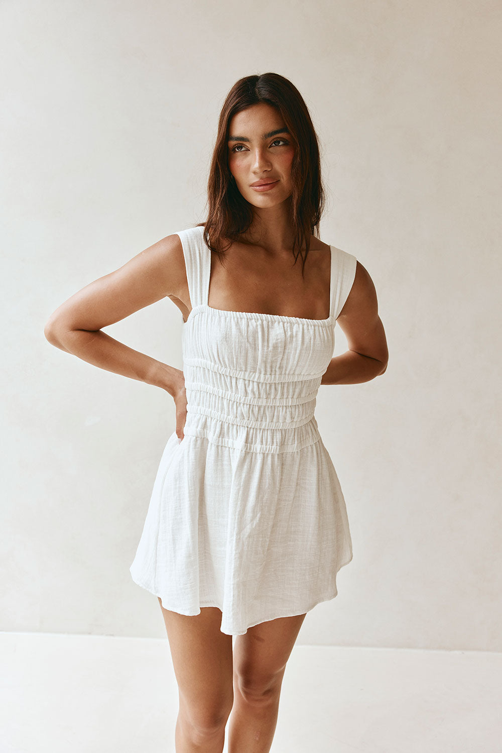 Bessi Thick Strap Elasticated Ruched Mini Dress - White – SABO