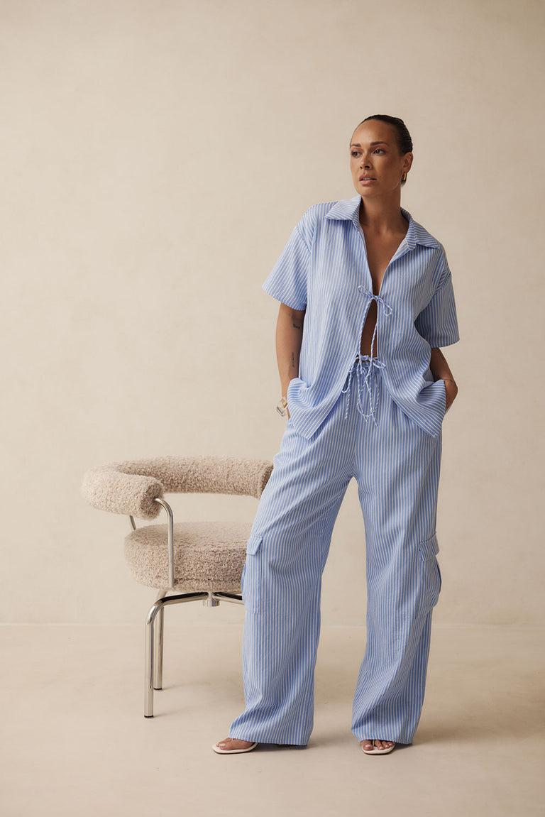Blue High Waist Drawstring Pocket Brielle Pants – SABO