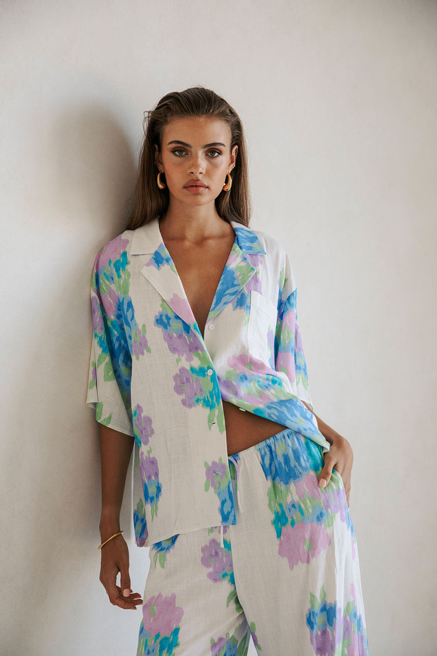 Immi Button Up Top - Floral Print Blue White Purple – SABO