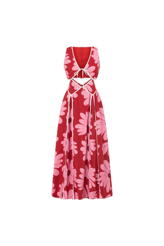 Calandra V Neckline Cutout Maxi Dress - Pink White Daisy Red Print – SABO