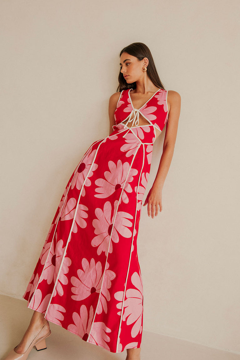 Calandra V Neckline Cutout Maxi Dress - Pink White Daisy Red Print – SABO
