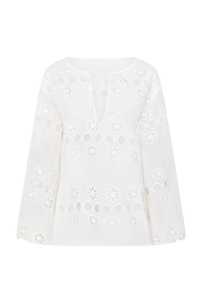 White Embroidered Long Sleeve Tie Paras Top – SABO