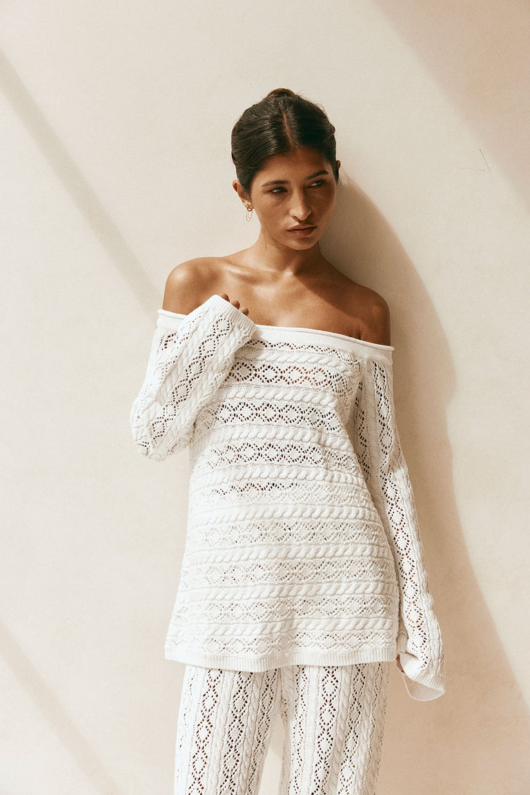 Cierra Off Shoulder Long Sleeve Top - White Knit – SABO