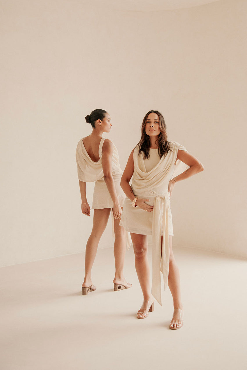 Beige Suede Plunge V Neck Tie Mini June Dress – SABO