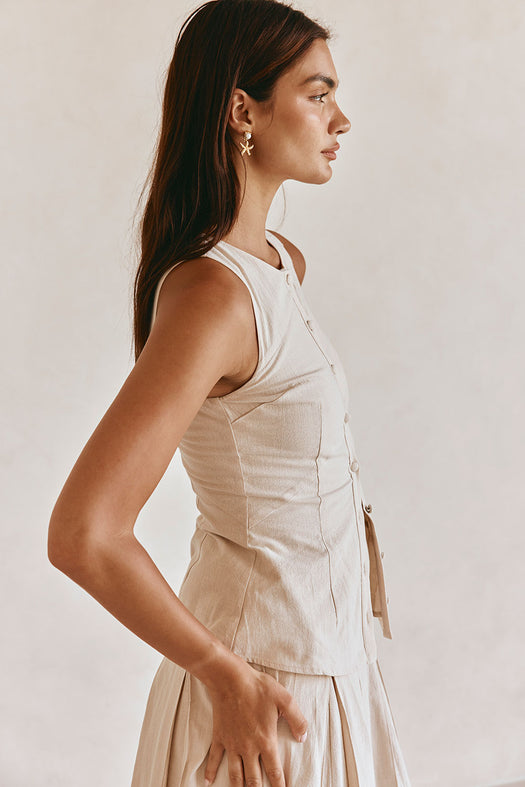 Beige Cotton Round Neck Button Up Panel Adri Top – SABO