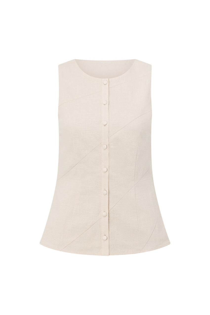 Beige Cotton Round Neck Button Up Panel Adri Top – SABO