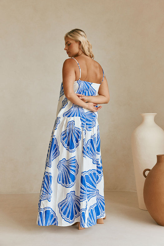 Bette Thin Strap Maxi Dress - Seashell Print, Blue, White – SABO