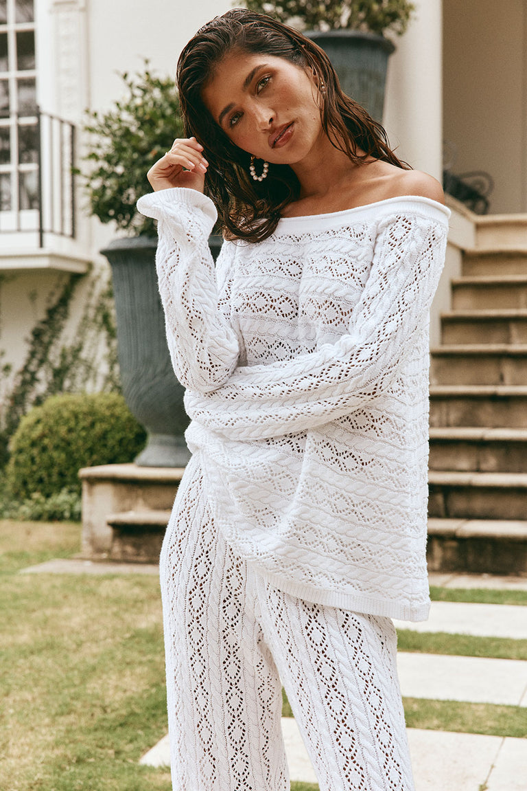 Cierra Off Shoulder Long Sleeve Top - White Knit – SABO
