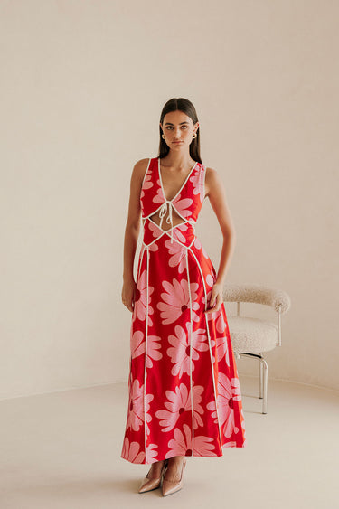 Calandra V Neckline Cutout Maxi Dress - Pink White Daisy Red Print – SABO
