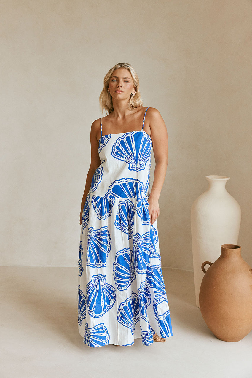 Bette Thin Strap Maxi Dress - Seashell Print, Blue, White – SABO